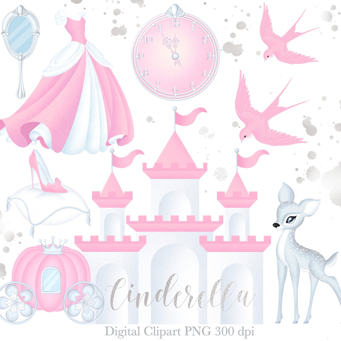 Cinderella Clipart, Castle Clipart, Pink and White Clipart, Silver ...