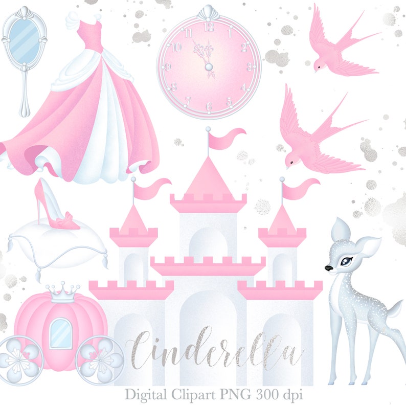 Cinderella Clipart, Castle Clipart, Pink and White Clipart, Silver ...
