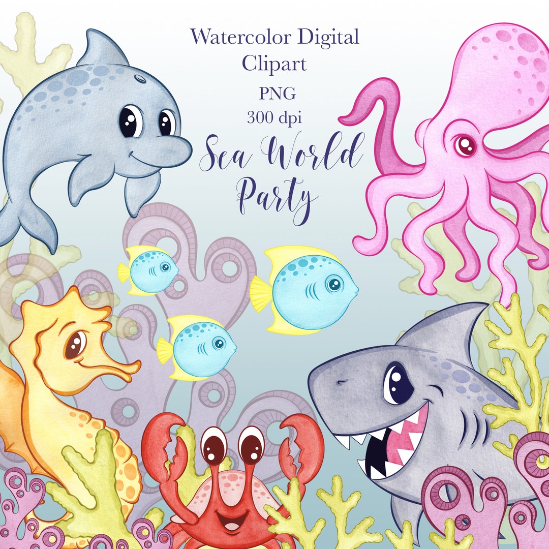 Watercolor Sea World Clipart, Watercolor Sea World Party Clipart ...