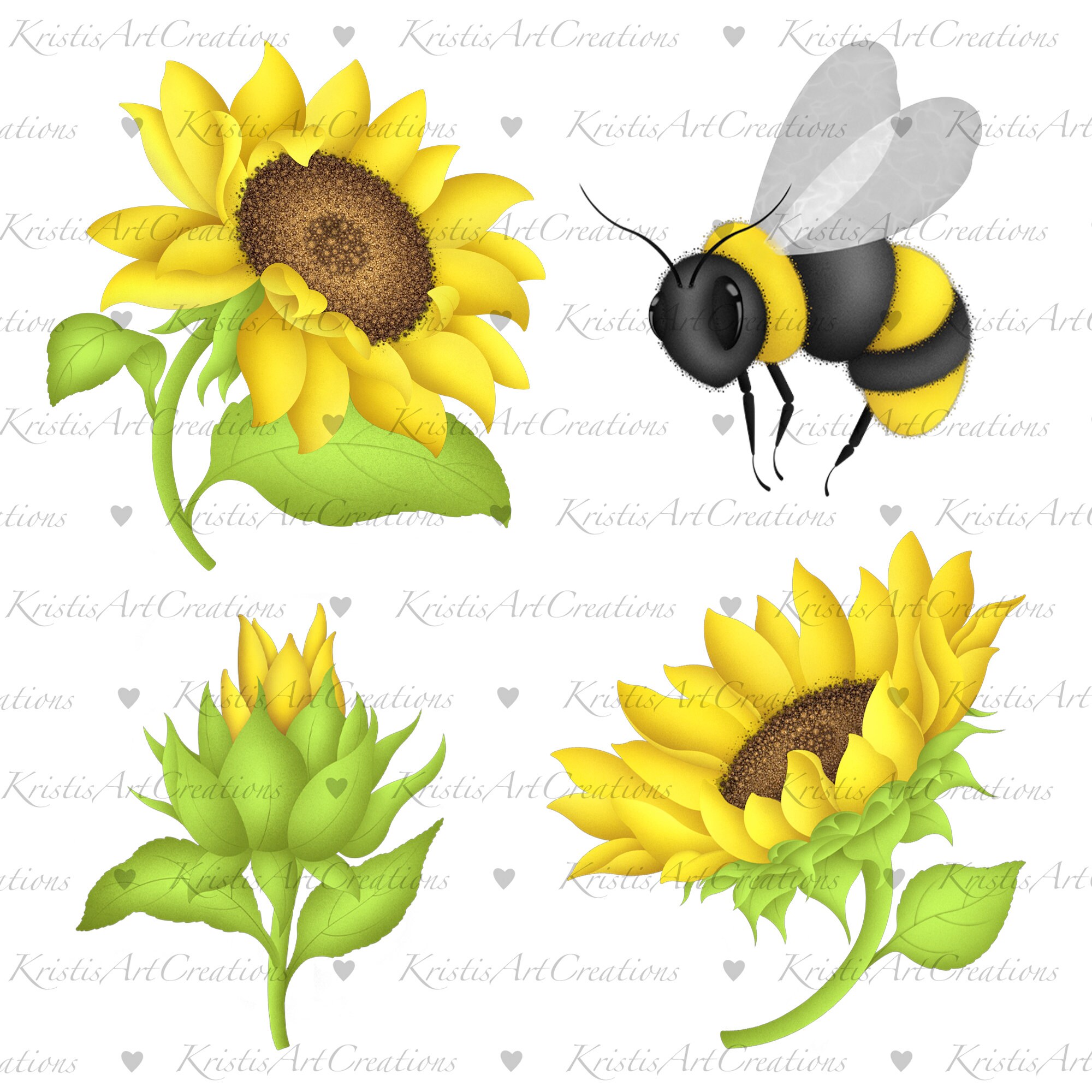 Sunflowers & Bees Clipart, Digital Sunflowers, Floral Clipart, Yellow ...