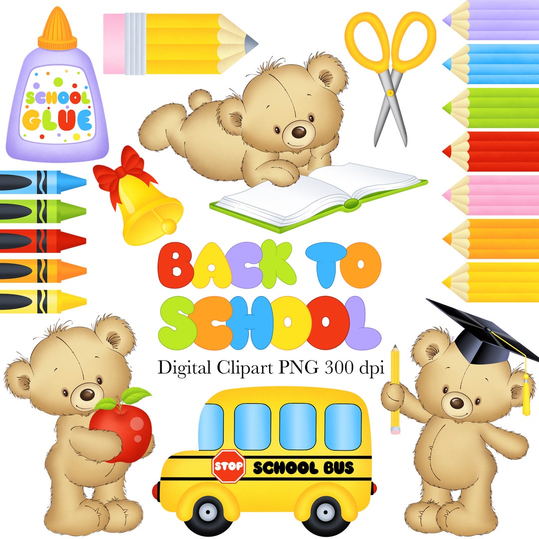 Back to School Clipart, Teddy Bear School Clipart, Multicolor, School ...