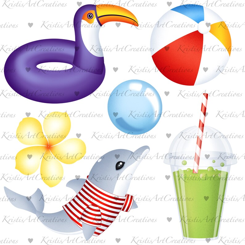 Summer Party Clipart, Summer, Tropical Flowers, Dolphins, Pool Floaties ...