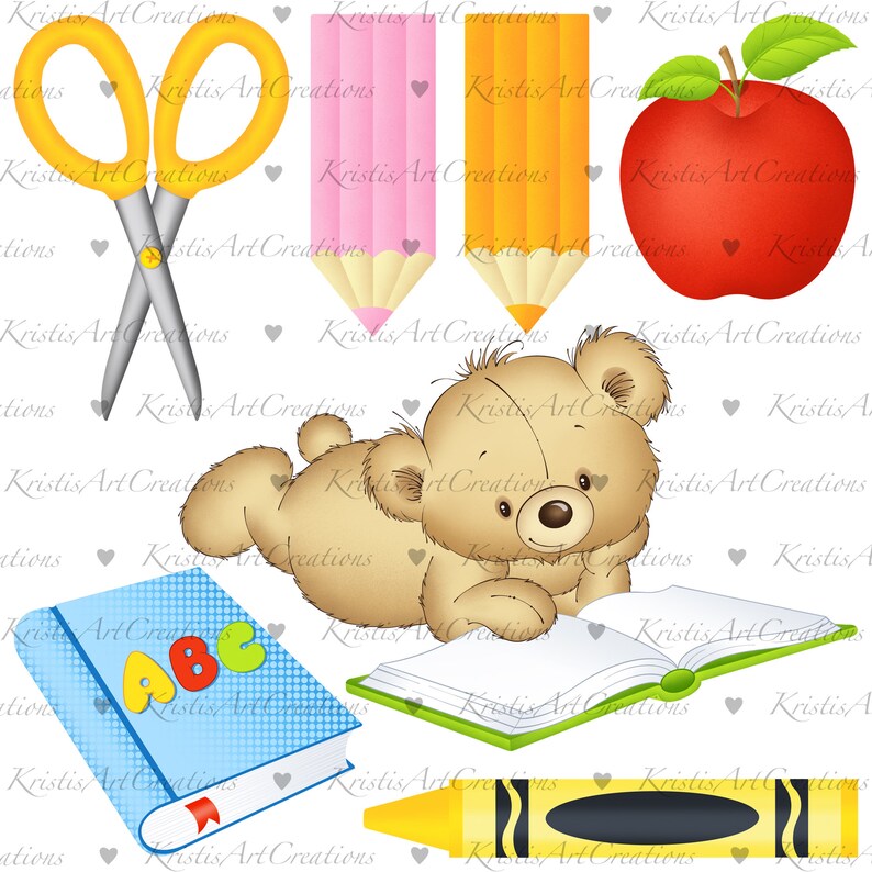 Back to School Clipart, Teddy Bear School Clipart, Multicolor, School ...