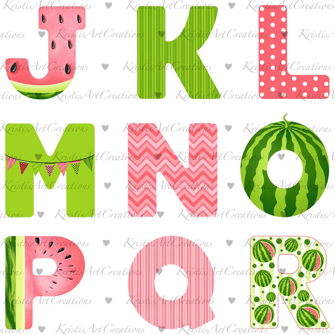 Watermelon Alphabet Clipart, Alphabet, Watermelon, Summer, Green & Pink ...