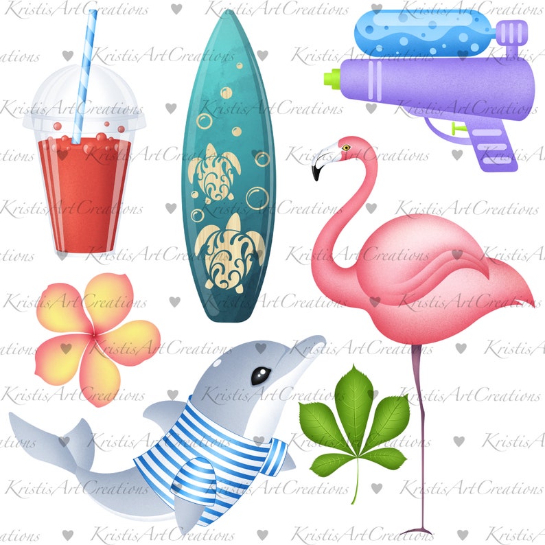 Summer Party Clipart, Summer, Tropical Flowers, Dolphins, Pool Floaties ...