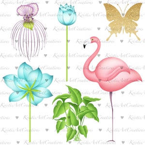 Flamingo Clipart, Tropic Clipart, Floral Clipart, Flowers Clipart ...