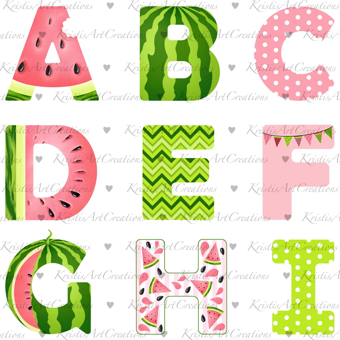 Watermelon Alphabet Clipart, Alphabet, Watermelon, Summer, Green & Pink ...