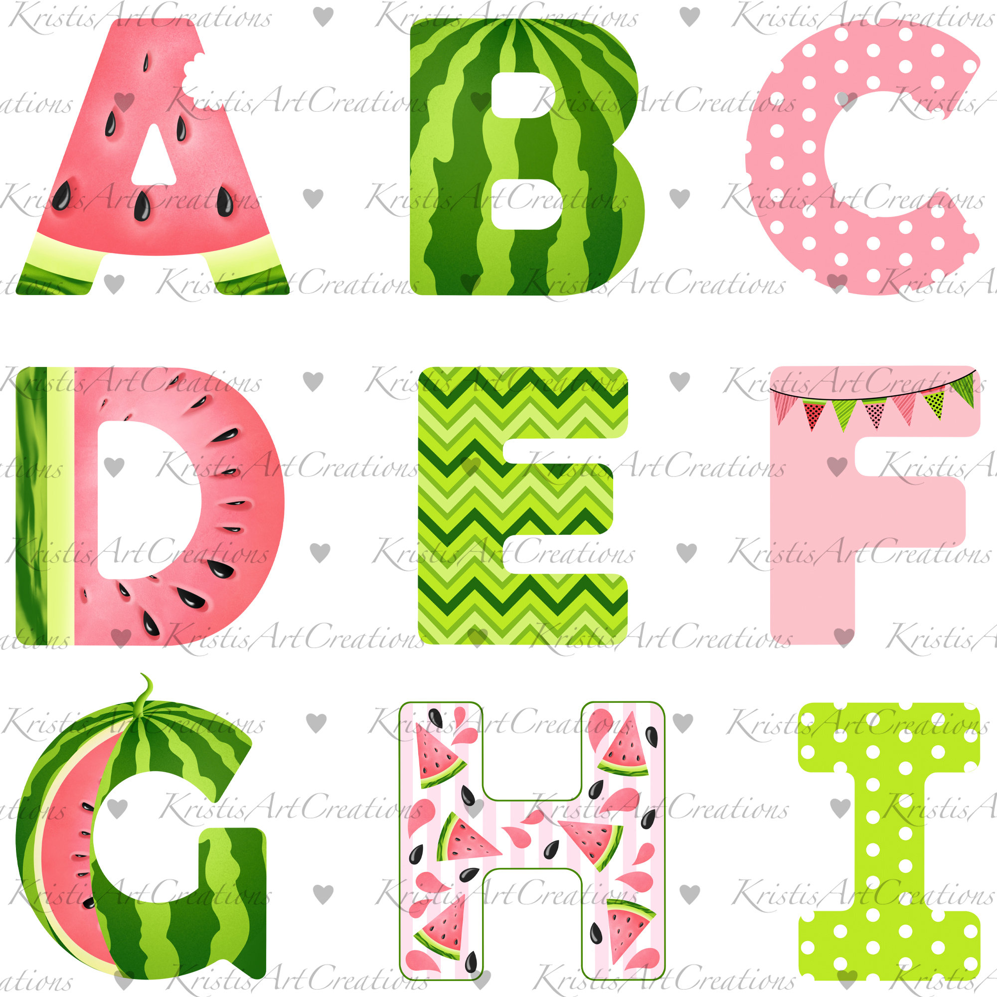 Watermelon Alphabet Clipart, Alphabet, Watermelon, Summer, Green & Pink ...