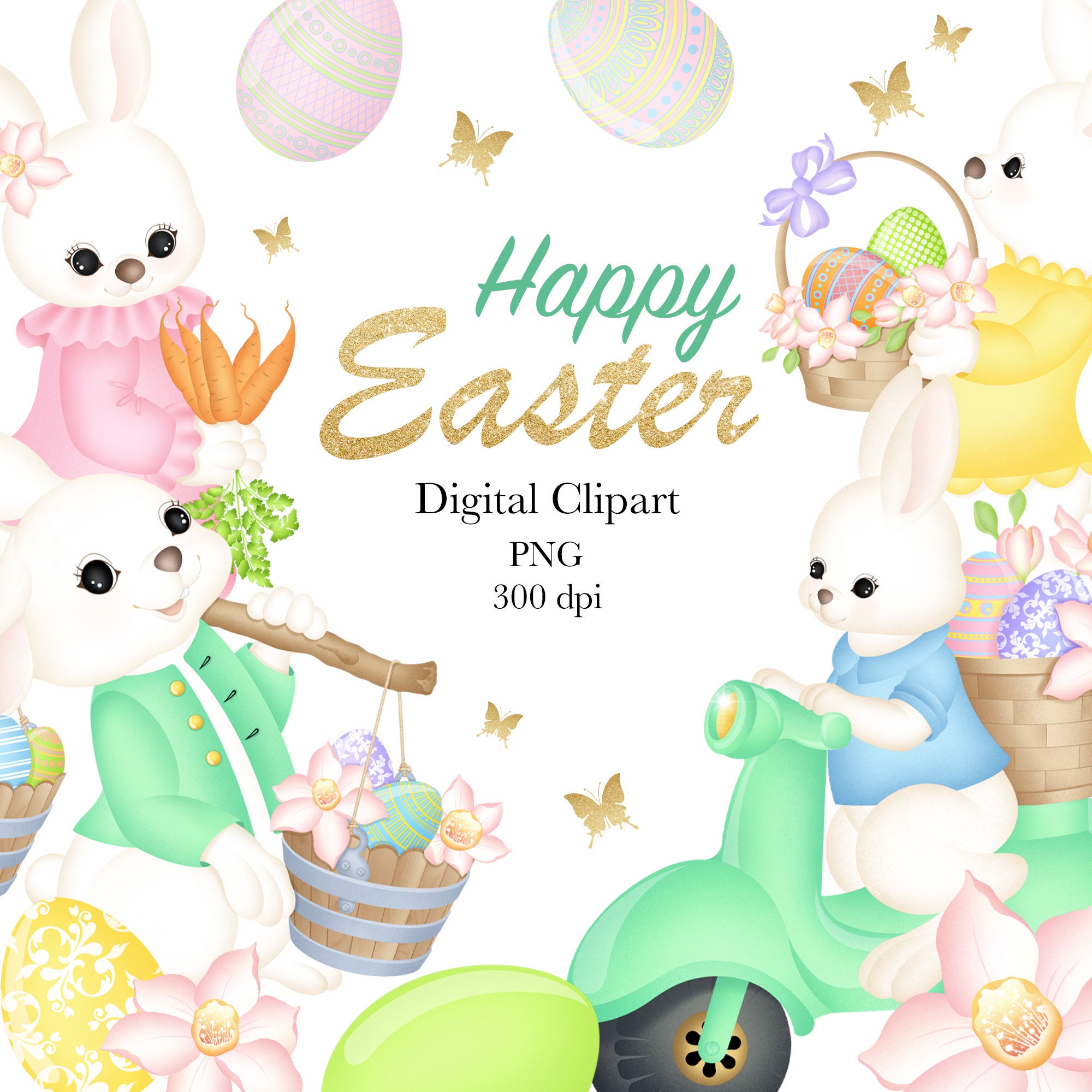 Happy Easter Bunnies Clipart, Happy Easter Clipart, Easter Clipart ...