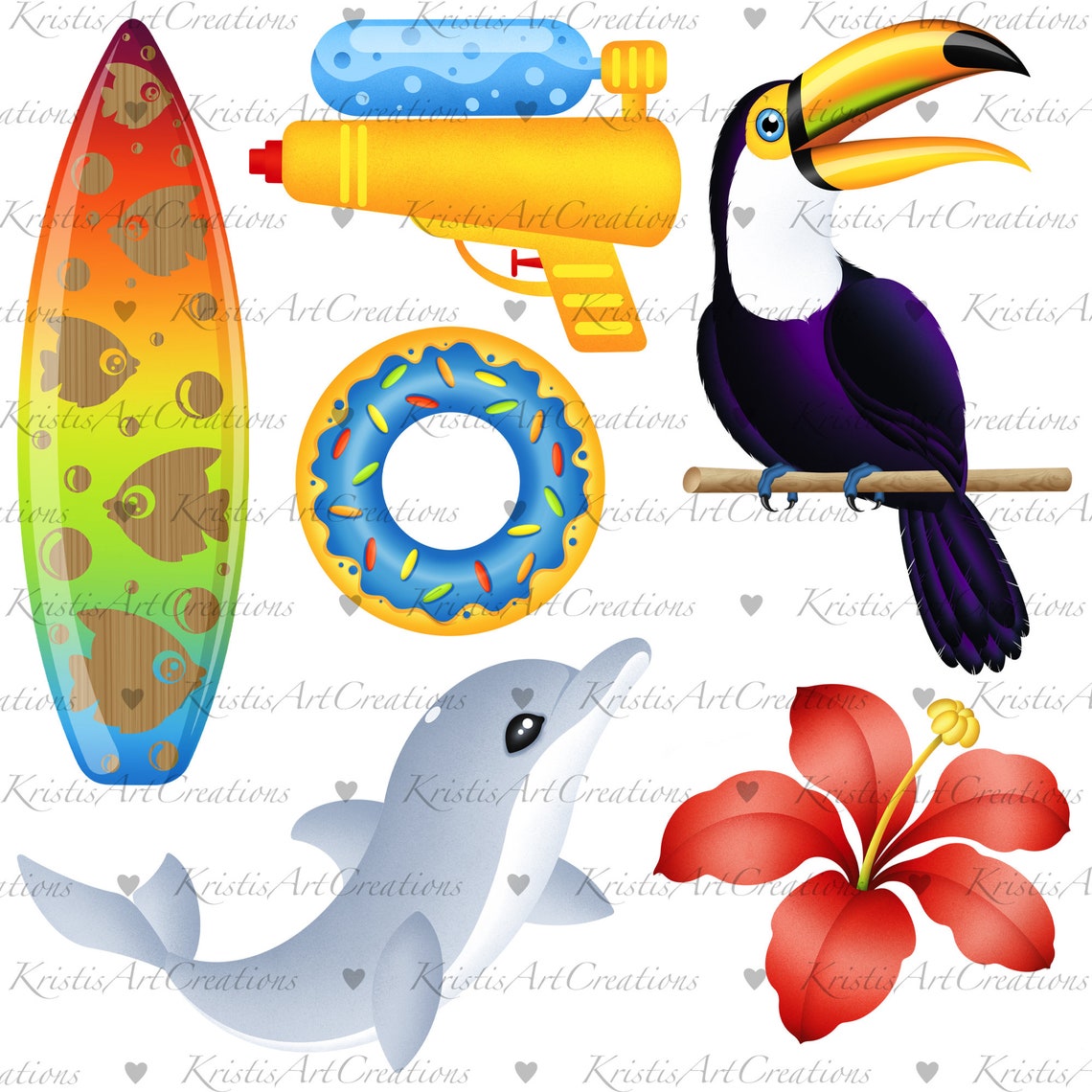 Summer Party Clipart, Summer, Tropical Flowers, Dolphins, Pool Floaties ...