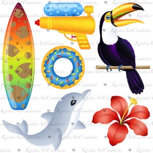 Summer Party Clipart, Summer, Tropical Flowers, Dolphins, Pool Floaties ...