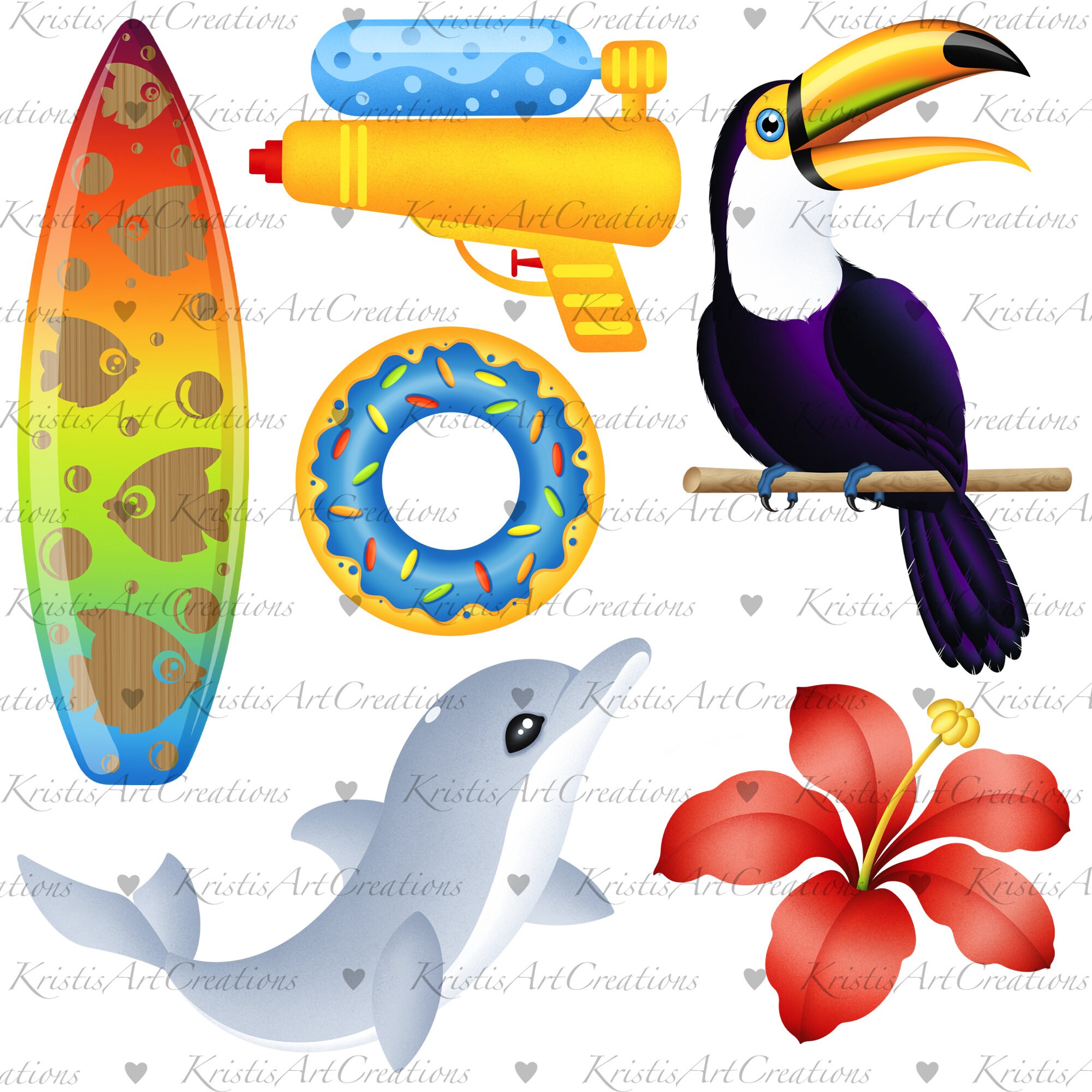 Summer Party Clipart, Summer, Tropical Flowers, Dolphins, Pool Floaties ...
