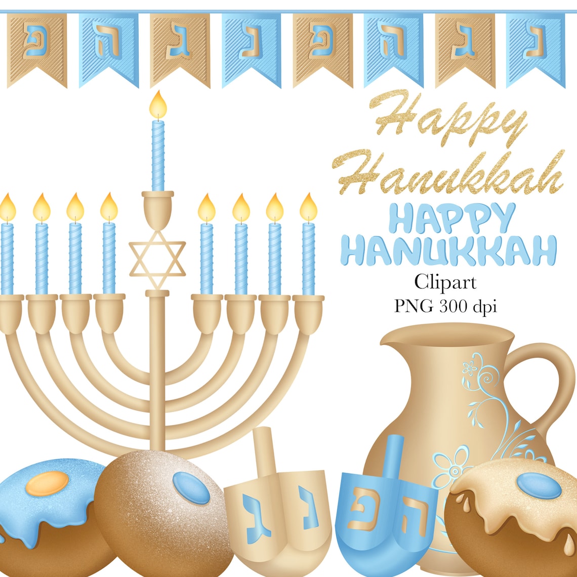 Happy Hanukkah Clipart Blue Clipart Happy Hanukkah Digital - Etsy