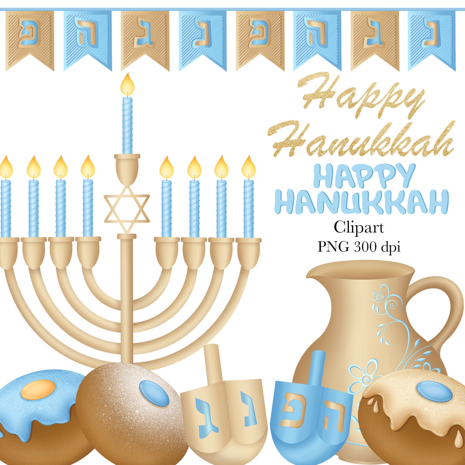 Happy Hanukkah Clipart, Blue Clipart, Happy Hanukkah Digital Clipart ...