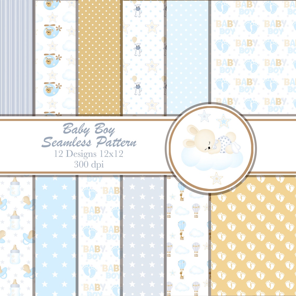 Baby Boy Seamless Pattern, Baby Boy Paper Pack, Baby Boy Digital ...