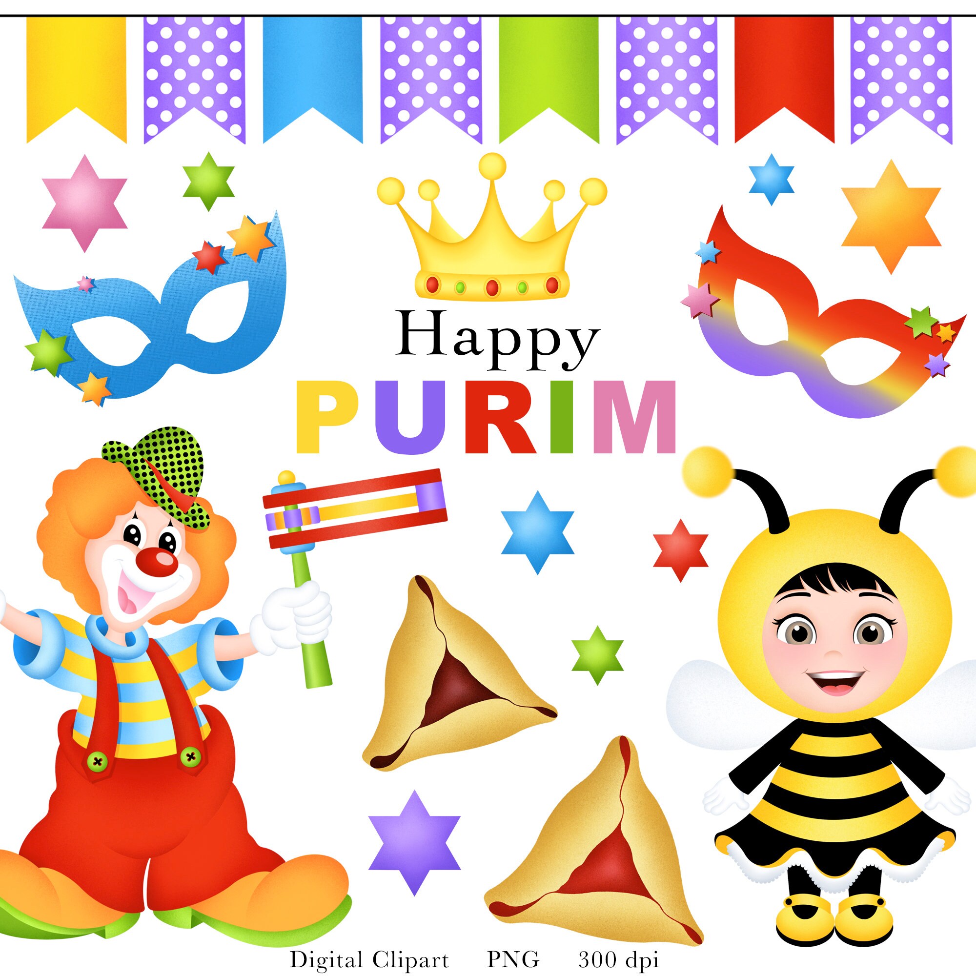 Purim, Multicolor Clipart, Clown, Masks, Flags, Digital Clipart, PNG - Etsy