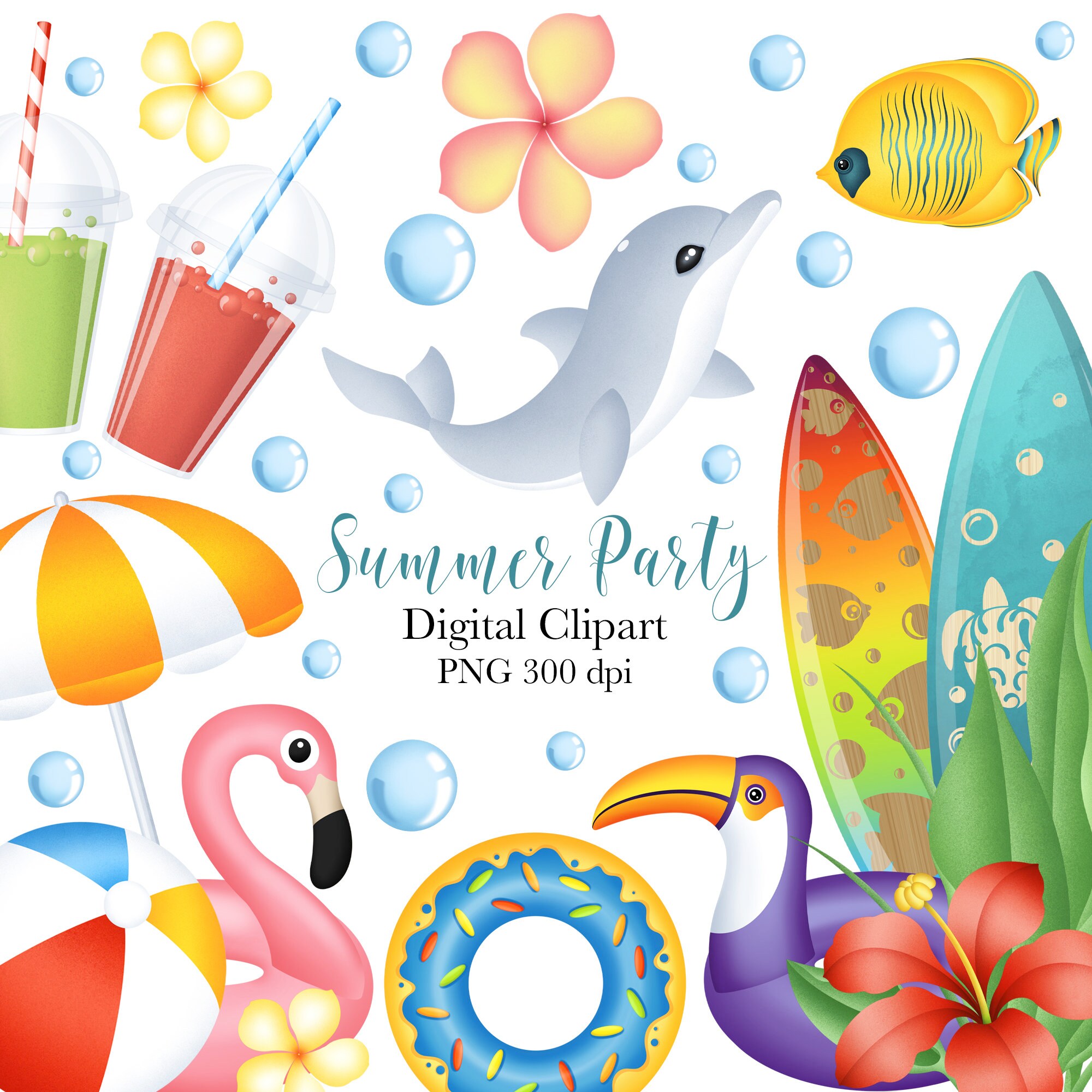 Summer Party Clipart, Summer, Tropical Flowers, Dolphins, Pool Floaties ...