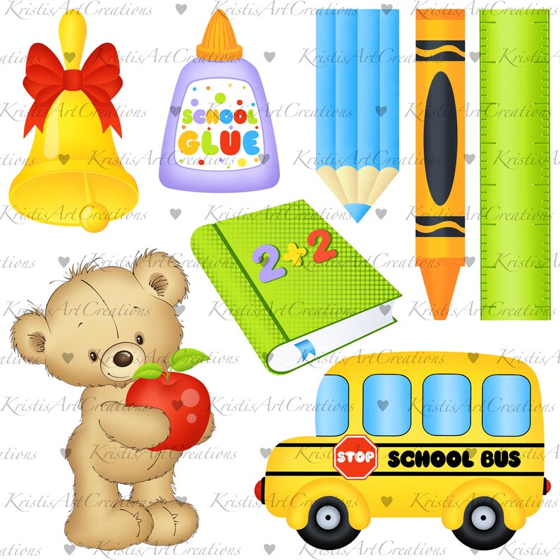Back to School Clipart, Teddy Bear School Clipart, Multicolor, School ...