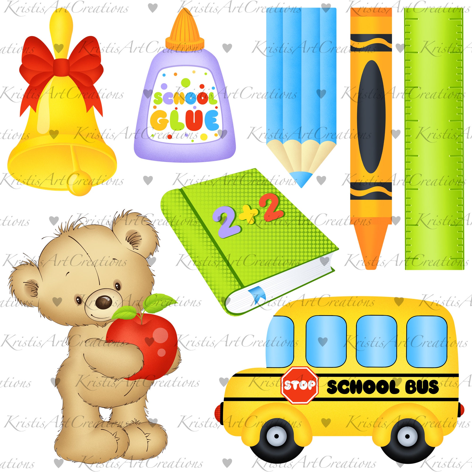 Back to School Clipart, Teddy Bear School Clipart, Multicolor, School ...