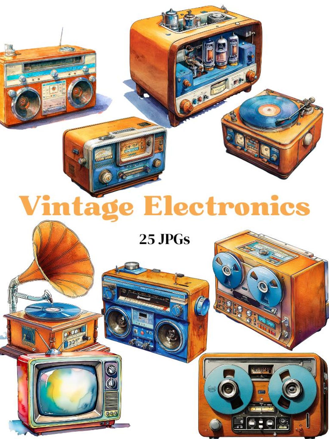 Vintage Technology Clipart, Watercolor Retro Electronics, Nursery Wall ...