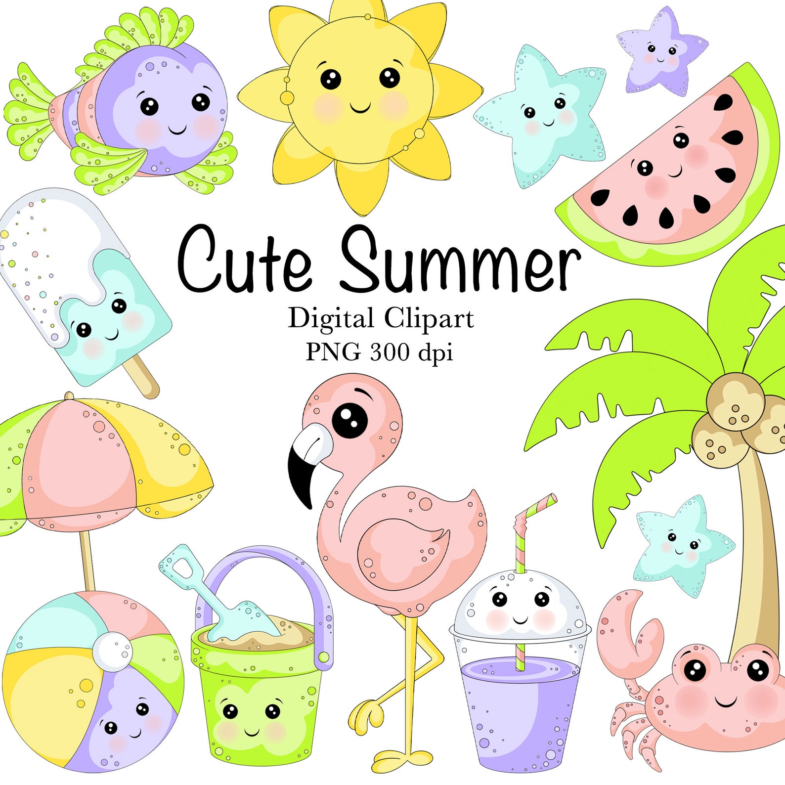 Summer Clipart, Cute Summer, Beach Clipart, Flamingo, Sun, Starfish ...