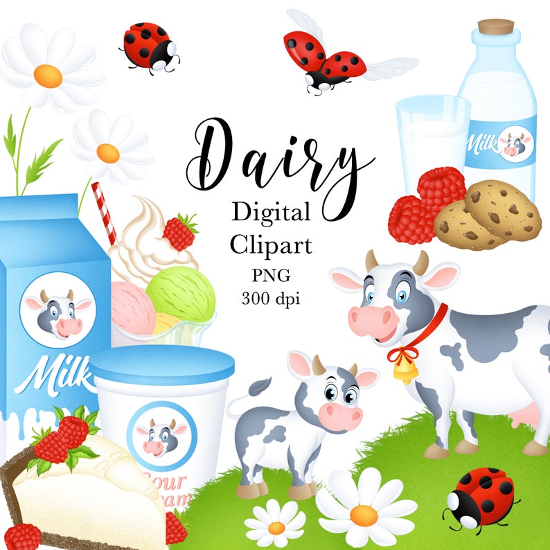 Dairy Clipart, Milk, Cow Clipart, Ice Cream, Flowers, Ladybug ...
