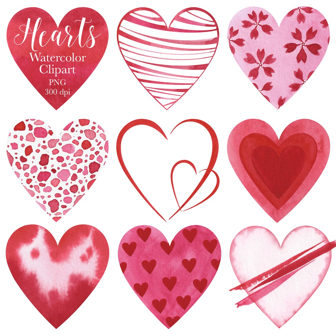 Watercolor Hearts Clipart, Valentine's Day Clipart, Hearts Clipart, Red ...