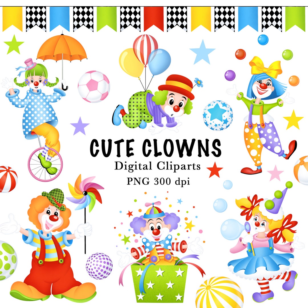 Clowns, Multicolor Clipart, Cute Clowns, Balls, Flags, Digital Clipart ...