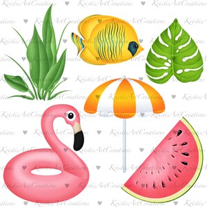 Summer Party Clipart, Summer, Tropical Flowers, Dolphins, Pool Floaties ...
