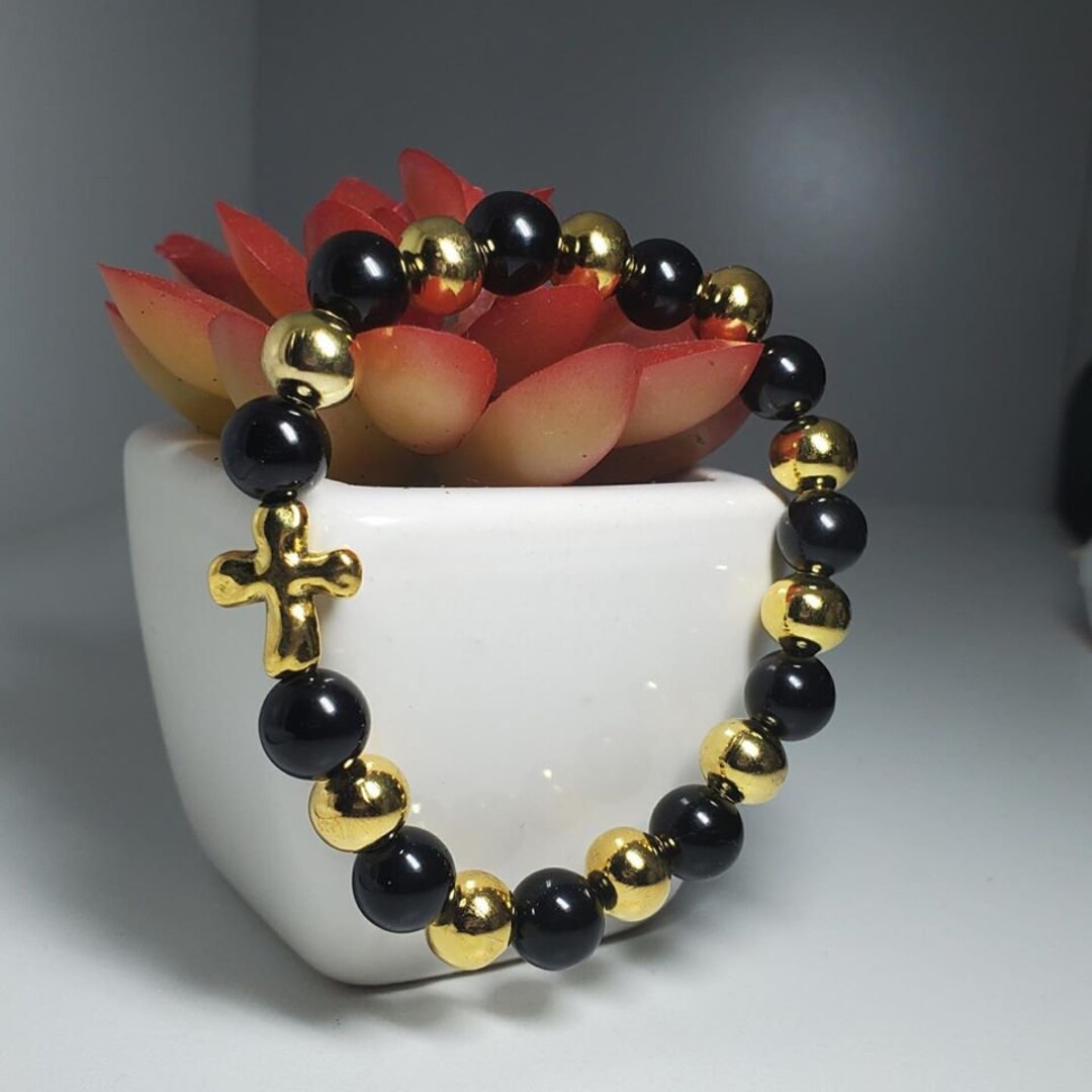 Black and Gold Beaded Bracelet With Gold Cross Charm - Etsy