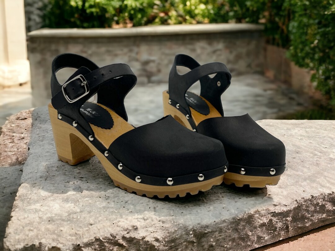Womens Leather High Heel Clogs Open Wooden Shoes Sandals Black Wooden ...