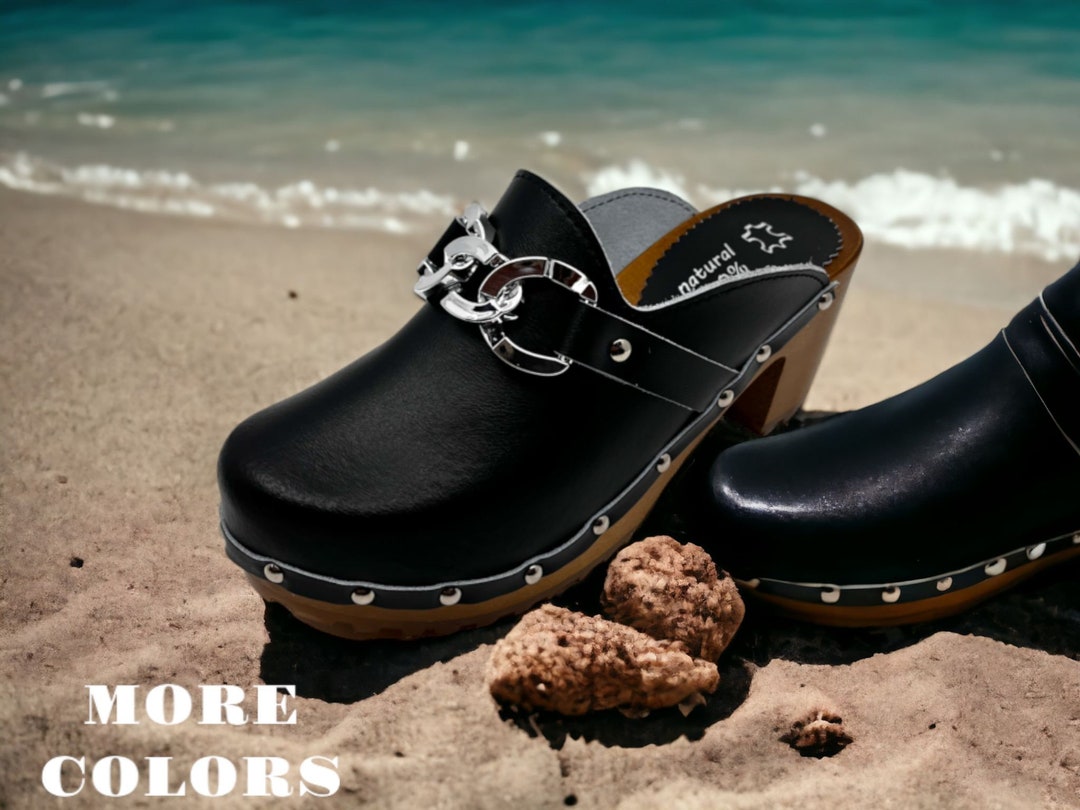 Stylish Handcrafted Women's Leather Clogs With Buckle - White and Black ...