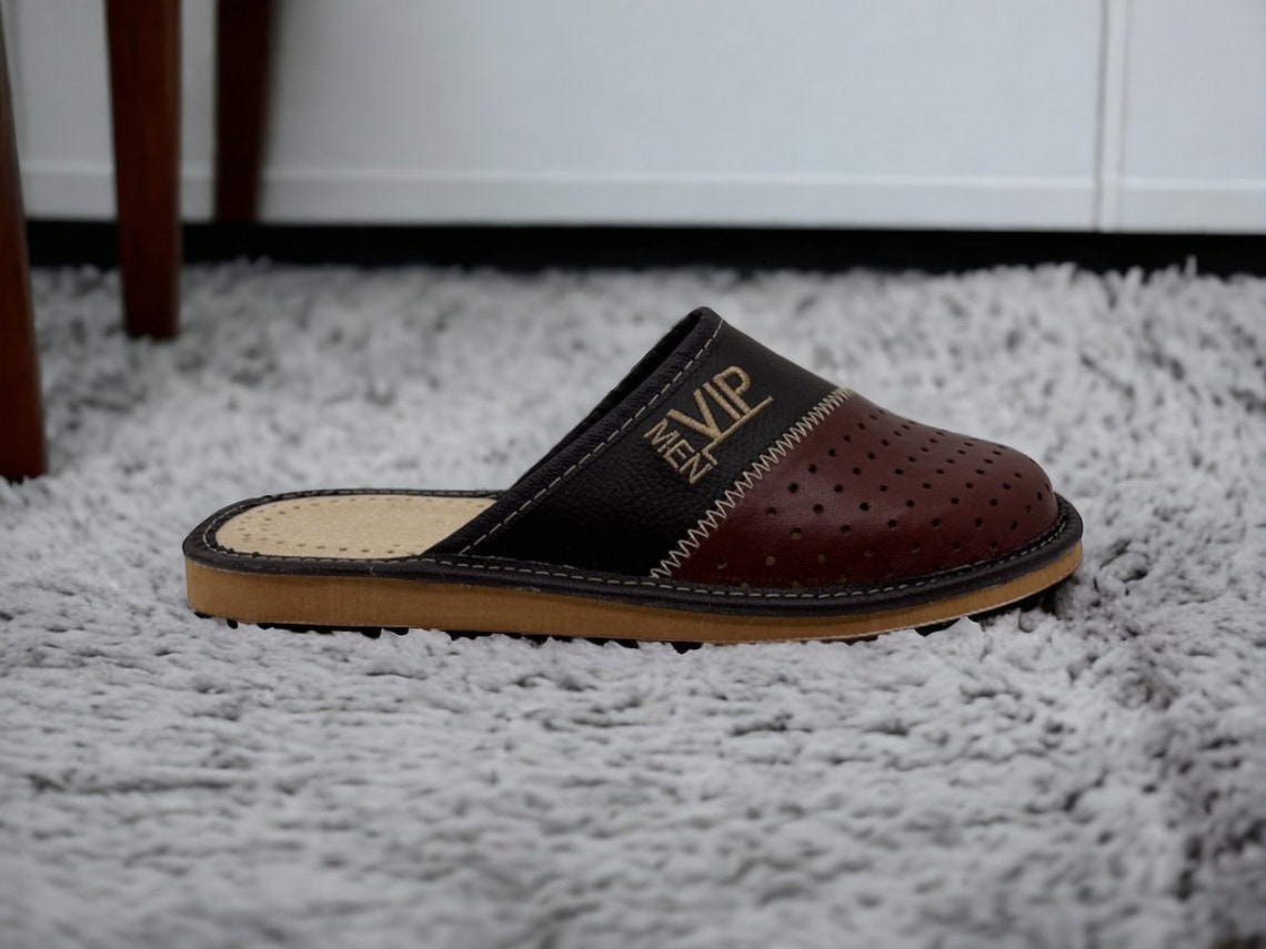 Handmade Leather Men's Slippers: Embroidered VIP, Comfortable Home ...