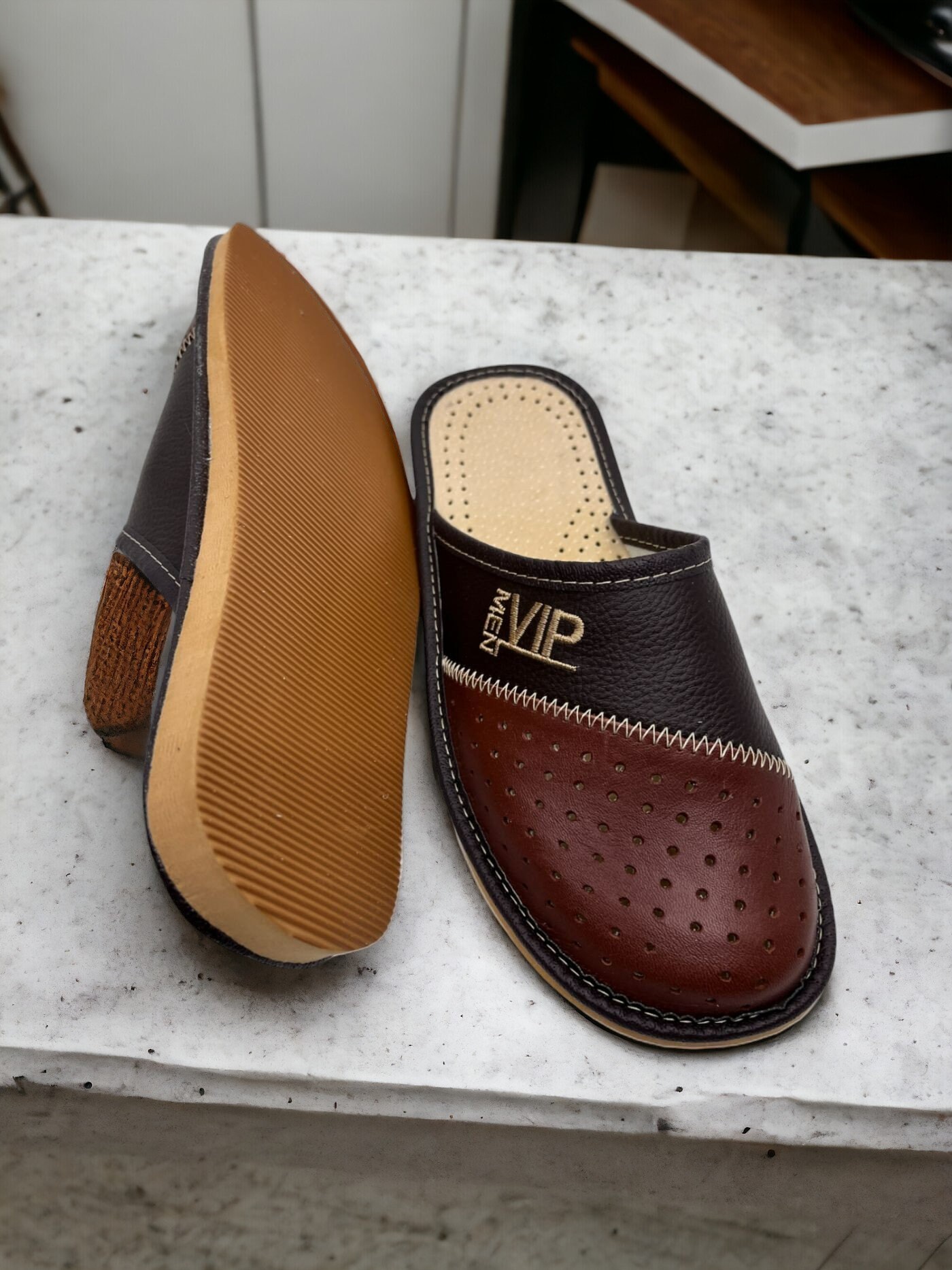 Handmade Leather Men's Slippers: Embroidered VIP, Comfortable Home ...