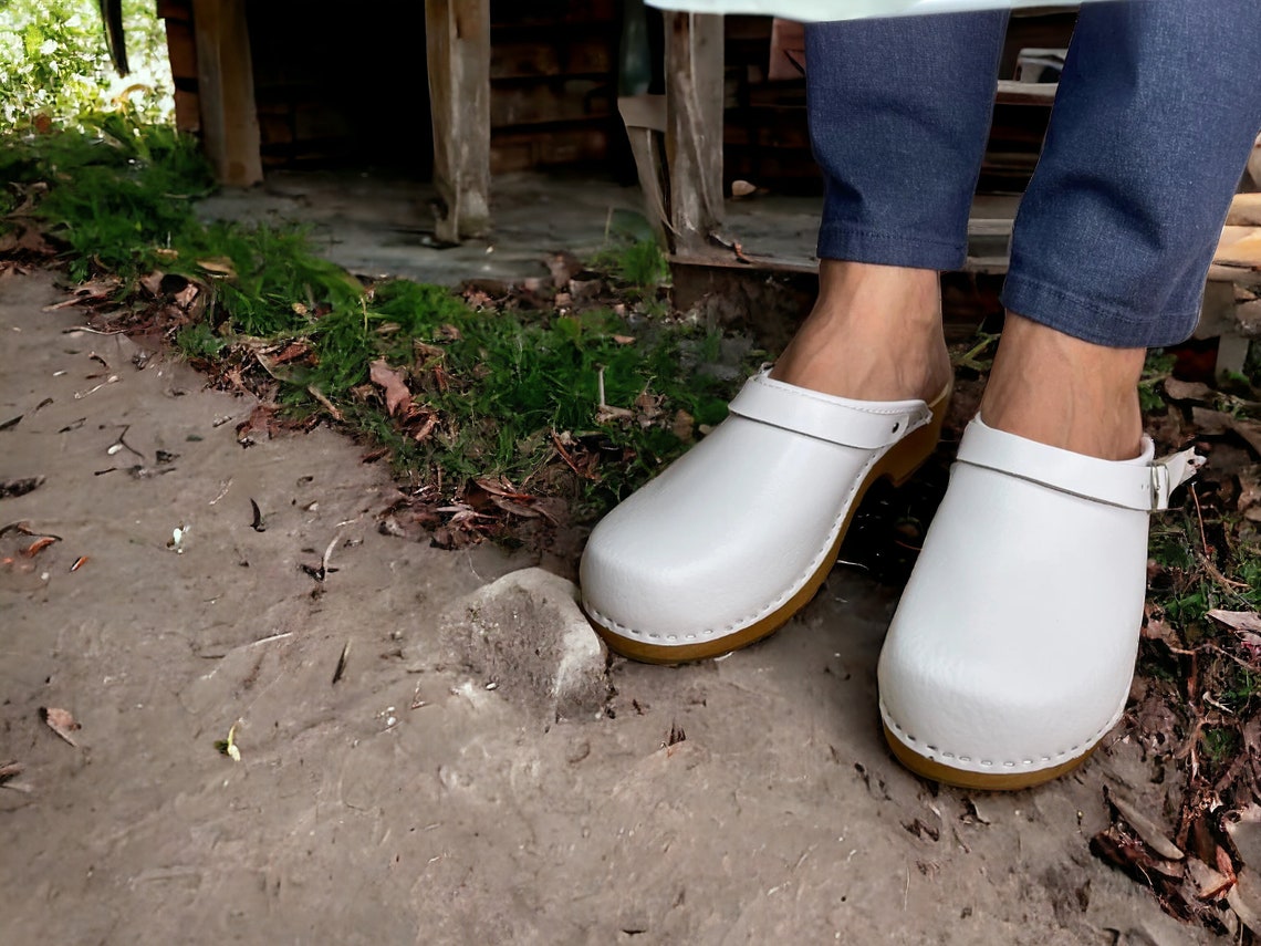 White WOODEN Man's CLOGS Natural Nubuck Leather, Linden Wood Swedish ...