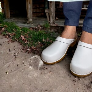 White WOODEN Man's CLOGS Natural Nubuck Leather, Linden Wood Swedish ...