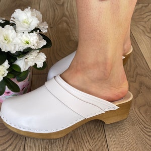 White WOODEN Clogs for Women Open Back White LEATHER Women Low Heel ...