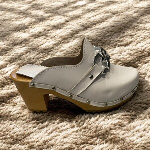 White Leather High-heeled Clogs – Silver Chain Accent, Handmade Wooden ...