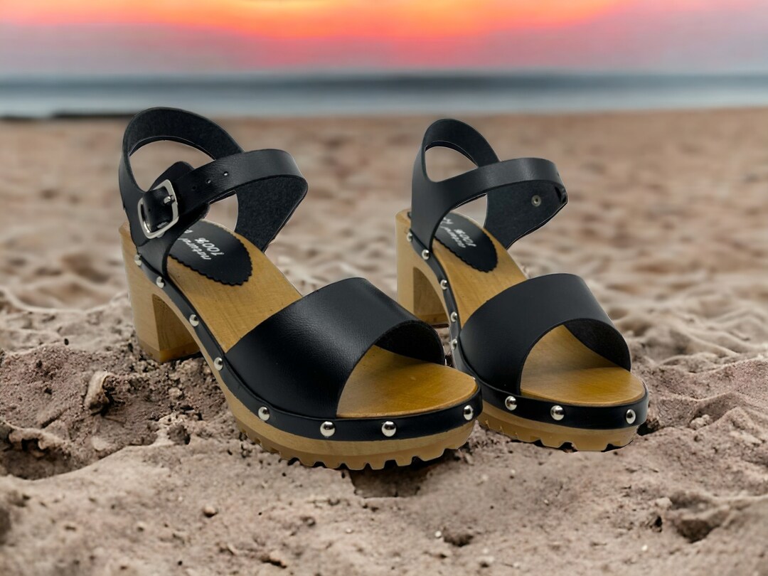 Womens Leather High Heel Clogs Open Wooden Shoes Sandals Black Wooden ...