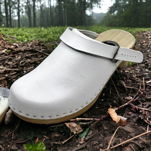 White WOODEN Man's CLOGS Natural Nubuck Leather, Linden Wood Swedish ...