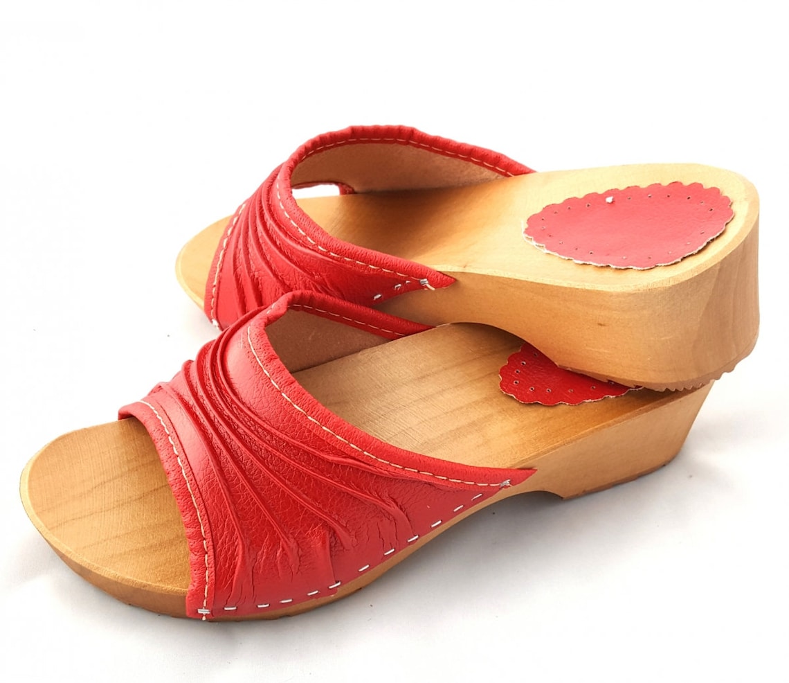 Clogs High Heel Classic RED Real Leather Wood Clogs Clogs - Etsy