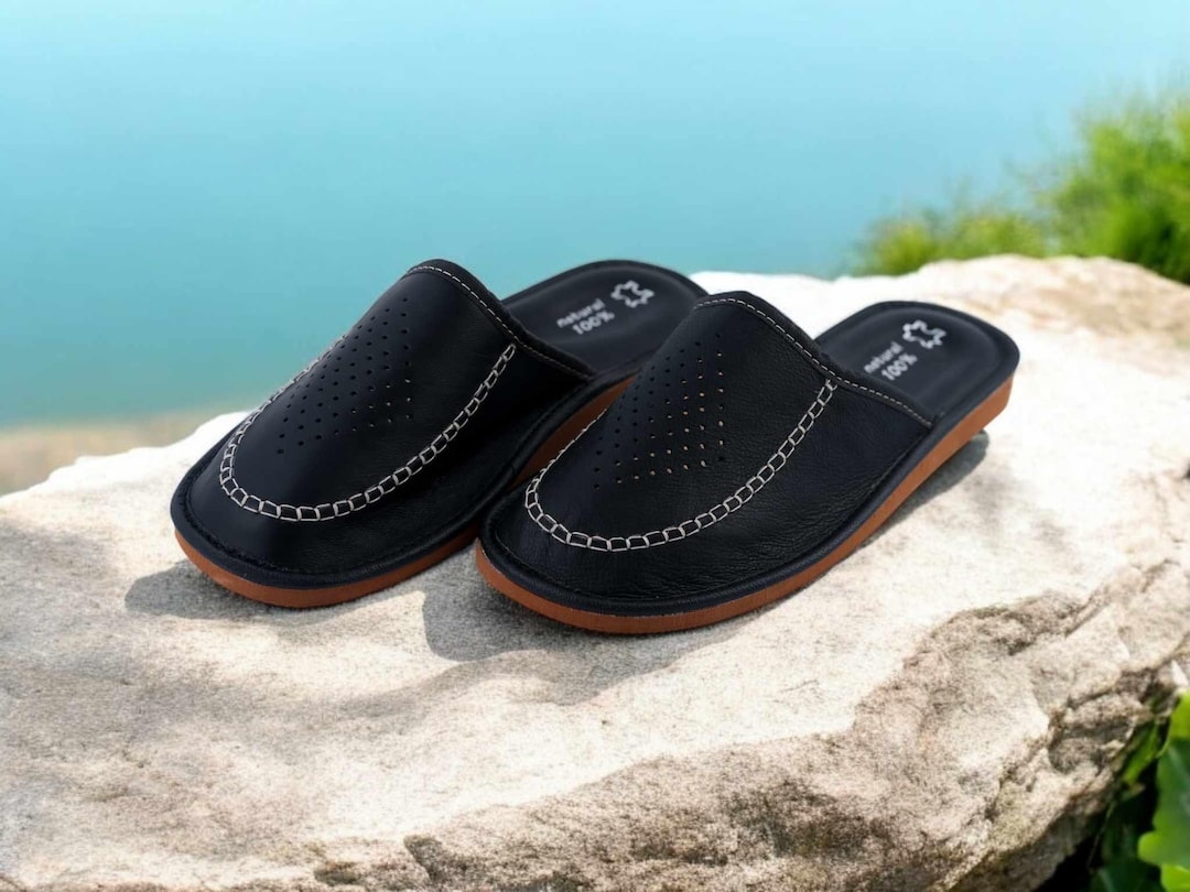 Men's Handmade Genuine Leather House Slippers - Black With Contrast ...
