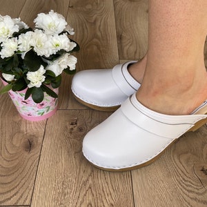 White WOODEN Clogs for Women Open Back White LEATHER Women Low Heel ...