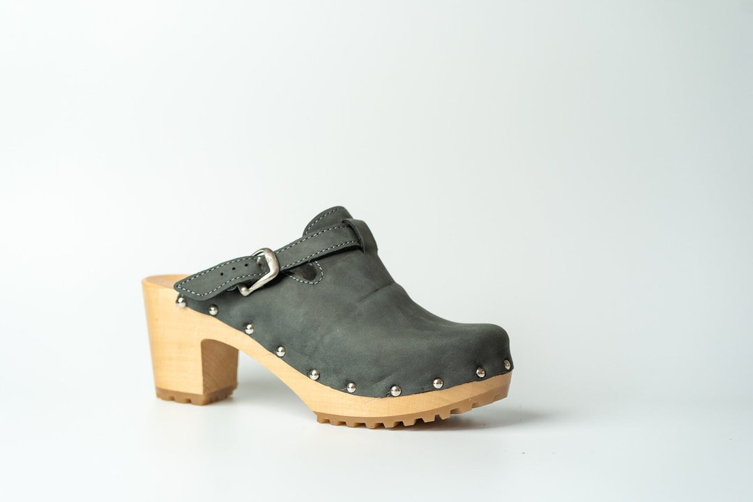Gray Nubuck Leather Clogs With High Heel and Buckle - Etsy