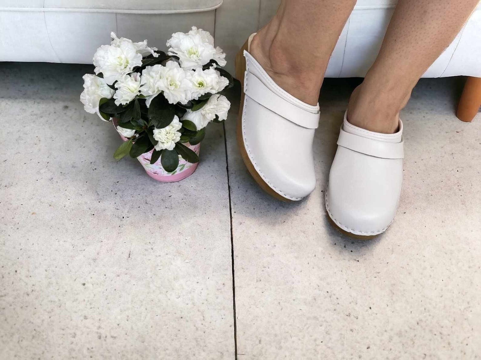 White WOODEN Clogs for Women - Open Back - White LEATHER - Women Low ...