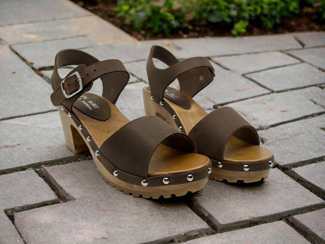 Womens Leather High Heel Clogs - Open Toe Wooden Sandals - Etsy