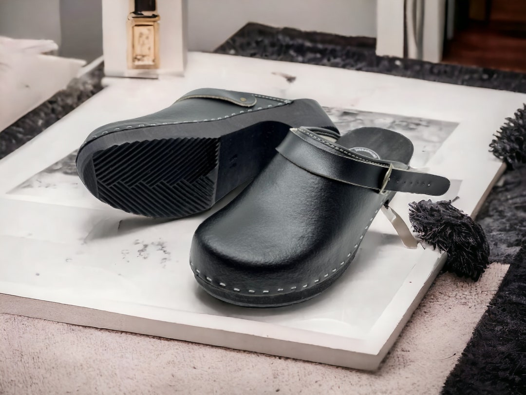 BLACK Wooden CLOGS for MAN Leather Linden Wood Man's Boots Men's ...