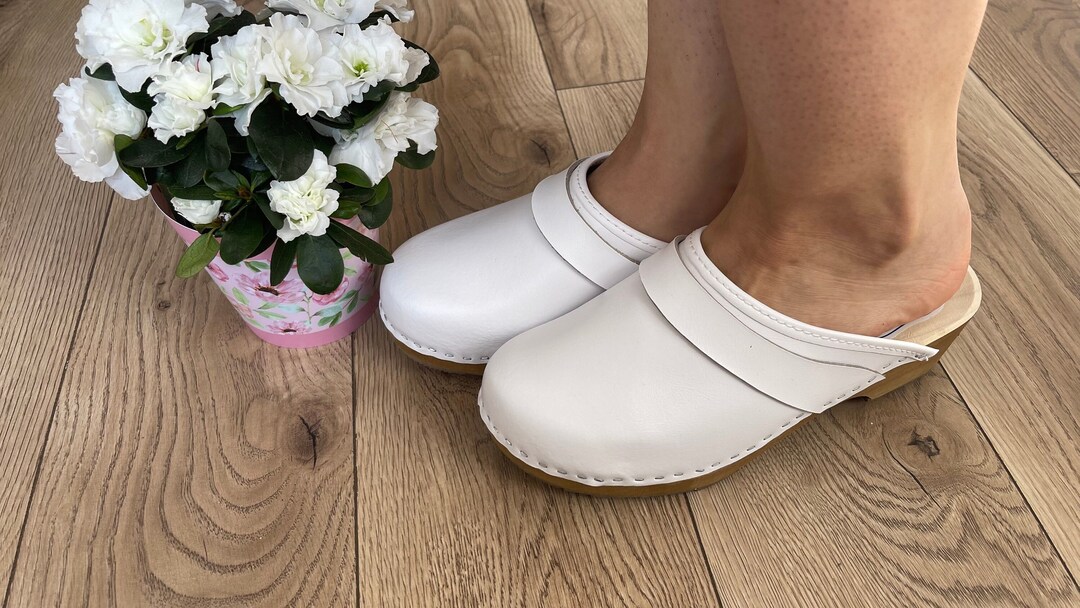 White WOODEN Clogs for Women Open Back White LEATHER Women Low Heel ...