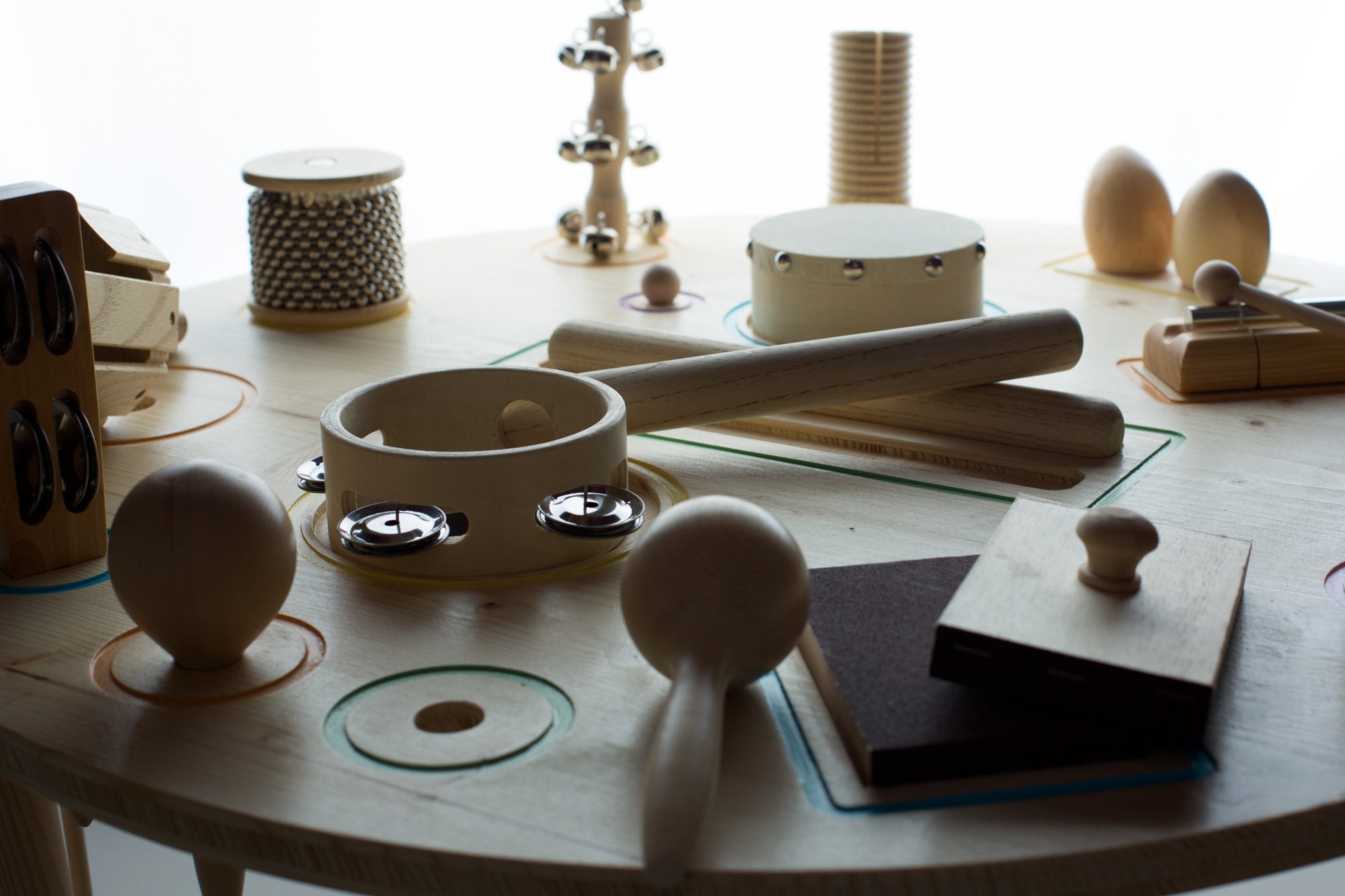 Percussion Instruments on Round Table Eco Friendly Wooden Instruments ...