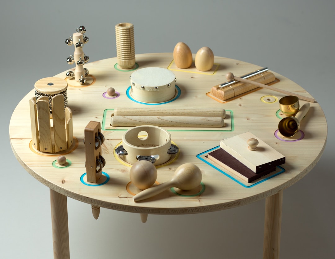 Percussion Instruments on Round Table Eco Friendly Wooden Instruments ...